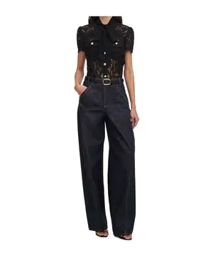 SELF-PORTRAIT Lace Tie Neck Top - Black