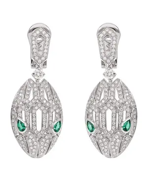 BVLGARI Gold Diamond And Emerald Serpenti Drop Earrings
