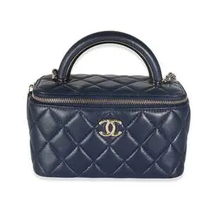 CHANEL Chanel Navy Quilted Lambskin Top Handle Vanity Case
