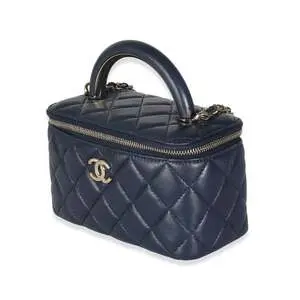 Chanel Navy Quilted Lambskin Top Handle Vanity Case