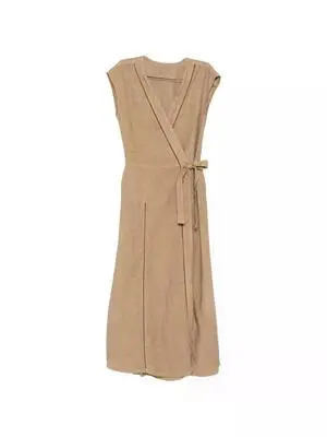 120% Lino Brown V-neck Wrap Midi Dress - Neutrals