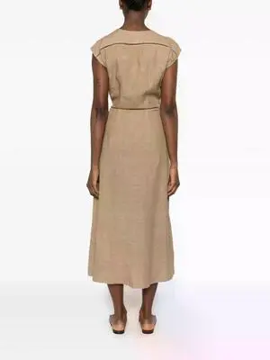120% Lino Brown V-neck Wrap Midi Dress