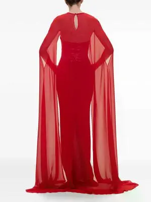 V:PM ATELIER Sindel Velvet Panel Cape Maxi Dress