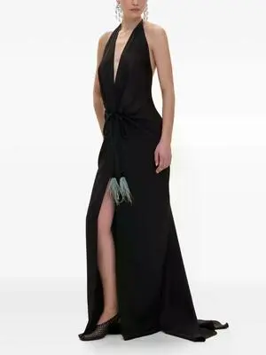 V:PM ATELIER Feather-trim Halterneck Maxi Dress