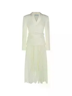 SELF-PORTRAIT Belted Pleated Midi Dress In Cream Boucl