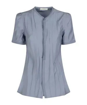 LEMAIRE Pleated Short-sleeve Tie-neck Top - Blue