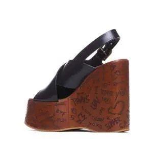 Chloé Maxime Wood Wedge Sandals In Calf Leather - Black