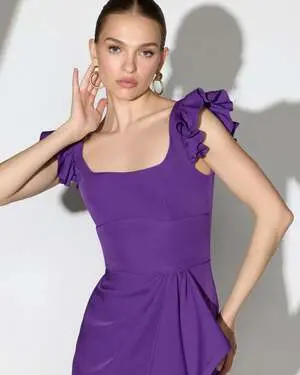 Mac Duggal Square Neck Ruffle Slit Gown