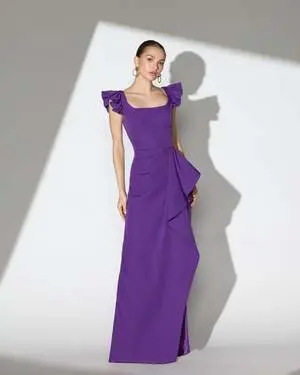 Mac Duggal Square Neck Ruffle Slit Gown