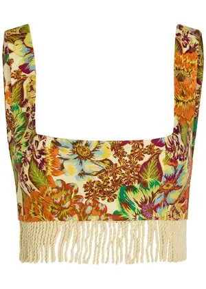 ALEMAIS Lana Floral-print Fringed Linen Crop Top - Multicoloured
