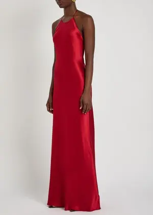 REFORMATION Halterneck Silk Maxi Dress - Red
