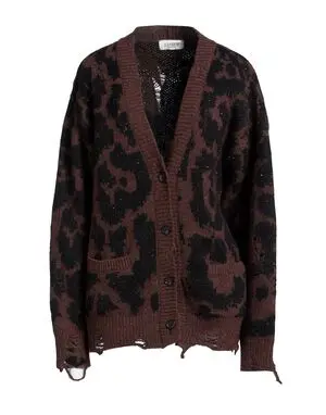LANEUS Sequined Leopard Print Merino Wool Blend Cardigan - Brown