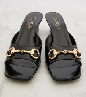 Gucci Signora Horsebit Patent Leather Mules - Black