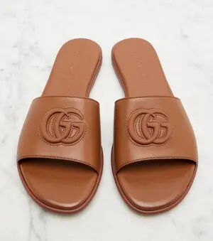 Gucci Double G Leather Slides - Brown
