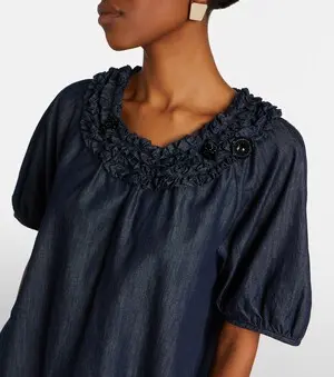 Max Mara Embellished Ruffled Denim Blouse - Blue