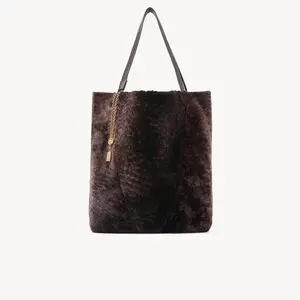 Chloé Shearling Tote Bag With Chain Detail - Kohl Brown