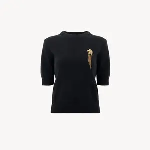 Chloé Short-sleeve Merino & Cashmere Wool Knit Sweater With Horse Brooch - Black
