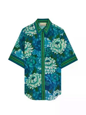 ALEMAIS Floral Print Striped Trim Shirt - Blue