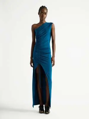 Balmain Long Draped Jersey Dress With Asymmetrical Shoulder And Front Slit