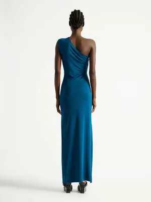 Balmain Long Draped Jersey Dress With Asymmetrical Shoulder And Front Slit