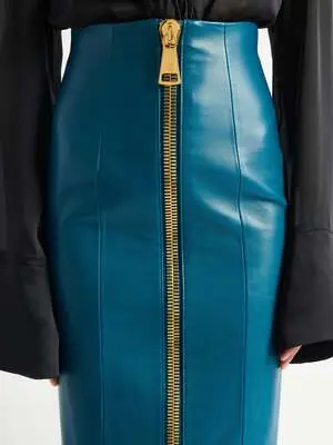 Balmain High-waisted Lambskin Leather Pencil Skirt With Oversized Gold Zip - Blue