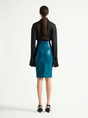 Balmain High-waisted Lambskin Leather Pencil Skirt With Oversized Gold Zip - Blue