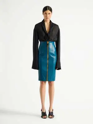 Balmain High-waisted Lambskin Leather Pencil Skirt With Oversized Gold Zip - Blue