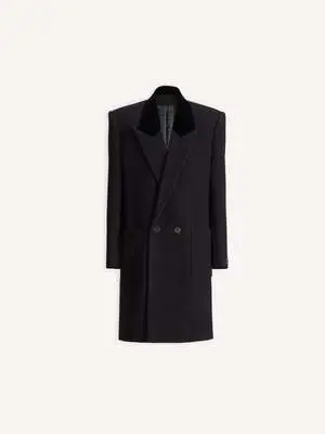 Balmain Long Wool And Velvet Peak Lapel Coat - Black