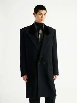 Balmain Long Wool And Velvet Peak Lapel Coat