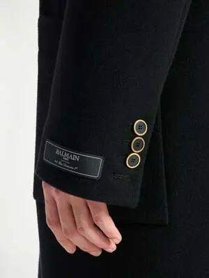 Balmain Long Wool And Velvet Peak Lapel Coat