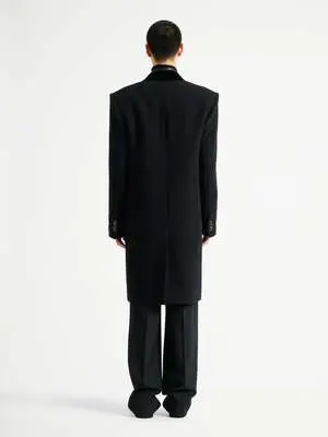 Balmain Long Wool And Velvet Peak Lapel Coat