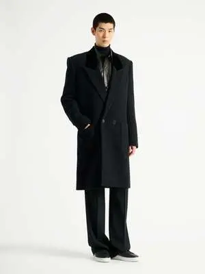 Balmain Long Wool And Velvet Peak Lapel Coat - Black