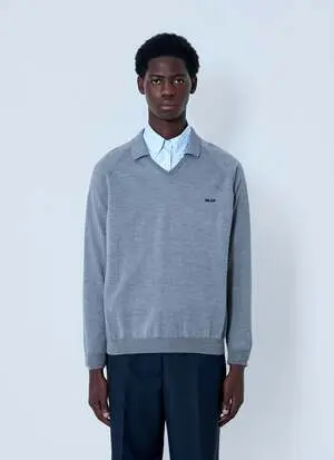Miu Miu V-neck Knit Sweater With Embroidered Logo - Gray