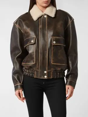 Philipp Plein Distressed Leather Jacket With Fur Collar - Brown