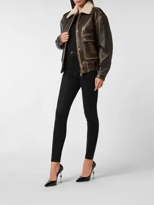 Philipp Plein Distressed Leather Jacket With Fur Collar