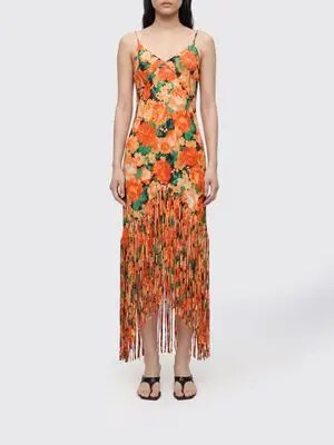 Pinko Floral Embroidered Fringe Midi Dress - Orange