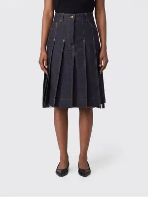 Thom Browne High-waisted Pleated Denim Midi Skirt With Flag Logo Detail