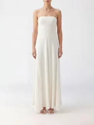 GIOVANNI BEDIN Pure Silk Straight Neckline Off-shoulder Evening Gown - White