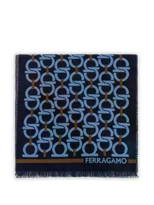 FERRAGAMO Gancini-jacquard Fringed Scarf - Blue