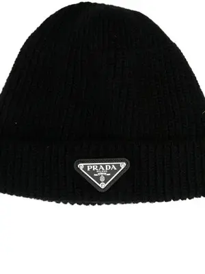 Prada Ribbed Beanie With Logo Plate
