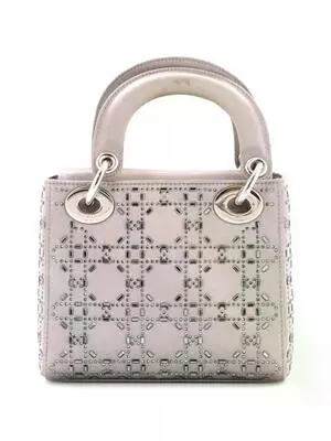Dior Lady Bag Crystal Embellished Cannage Quilt Satin Mini Satchel - Grey