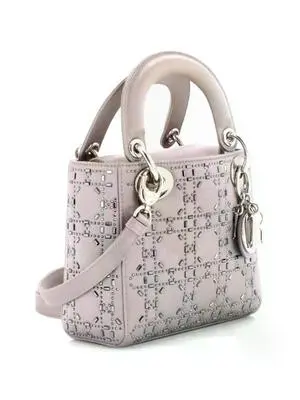 Dior Lady Bag Crystal Embellished Cannage Quilt Satin Mini Satchel - Grey