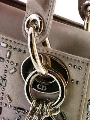 Dior Lady Bag Crystal Embellished Cannage Quilt Satin Mini Satchel - Grey
