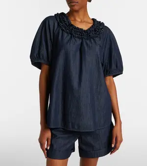 Max Mara Embellished Ruffled Denim Blouse