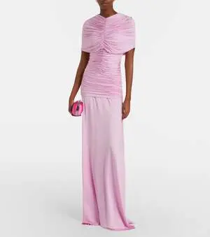 SELF-PORTRAIT Caped Ruched Jersey Maxi Dress - Pink