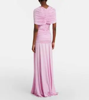 SELF-PORTRAIT Caped Ruched Jersey Maxi Dress - Pink
