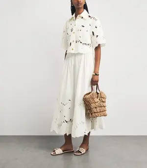 Zimmermann Mahon Cropped Cotton Shirt With Botanical Cut-outs And Floral Buttons - Ivory
