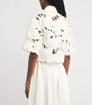 Zimmermann Mahon Cropped Cotton Shirt With Botanical Cut-outs And Floral Buttons - Ivory