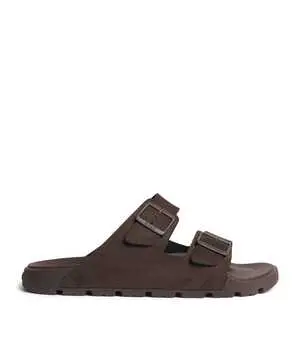 BOSS Faux Suede Buckled Slides - Brown