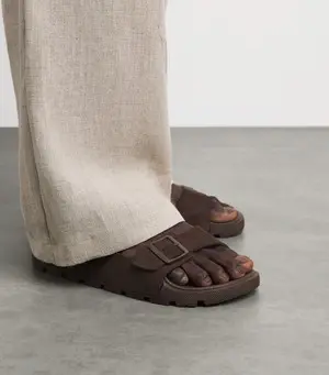 BOSS Faux Suede Buckled Slides - Brown